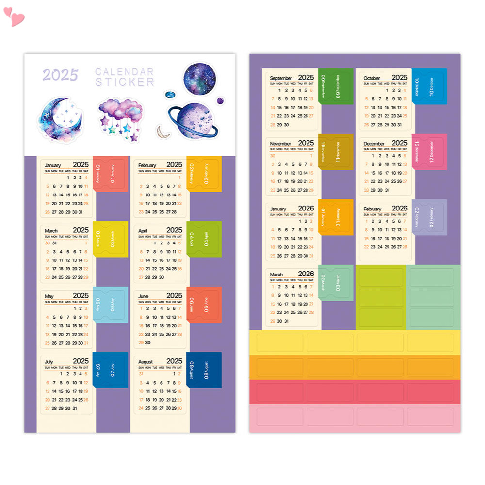 2 Sheets Colorful Calendar Stickers, 2025-2026 Year Calendar Index ...