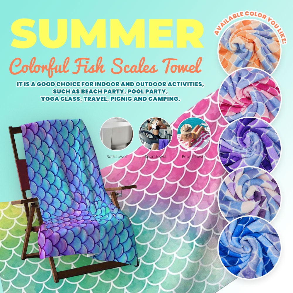[ SHB Multicolor Mermaid Fish Scales publish Bath Towel Large Size 70x ...