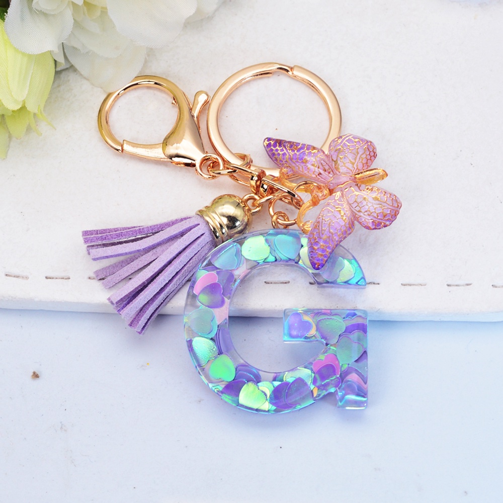 Purple Sequin Filled Name Keychain Butterfly Tassel 26 Alphabet ...