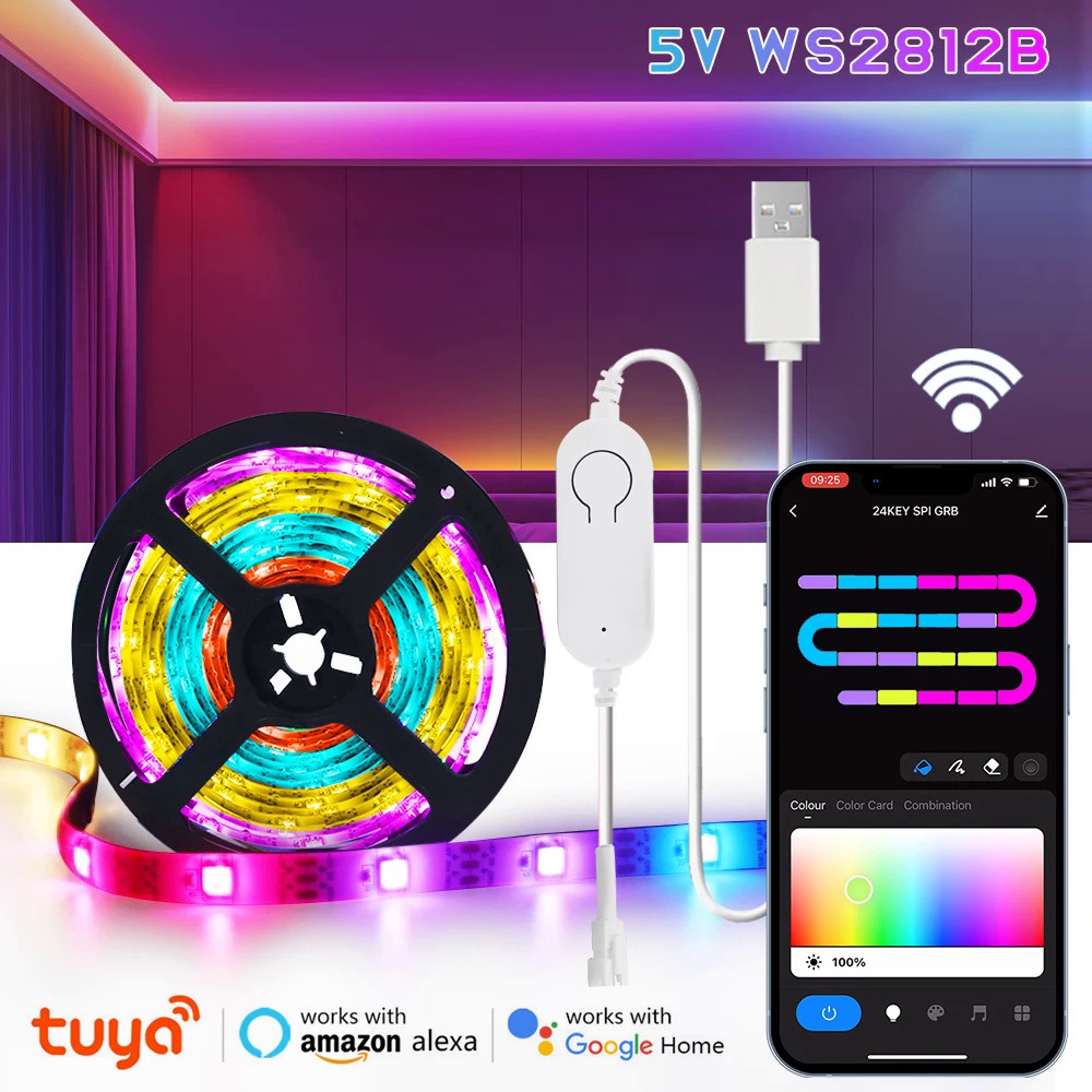 Tuya WiFi 5V USB Dream Color LED Strip Light Waterproof WS2812B RGB TV ...