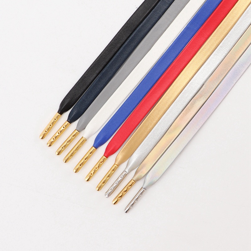Flat Leather PU Shoelaces Waterproof Metal Head Shoe Laces Gold Silver ...
