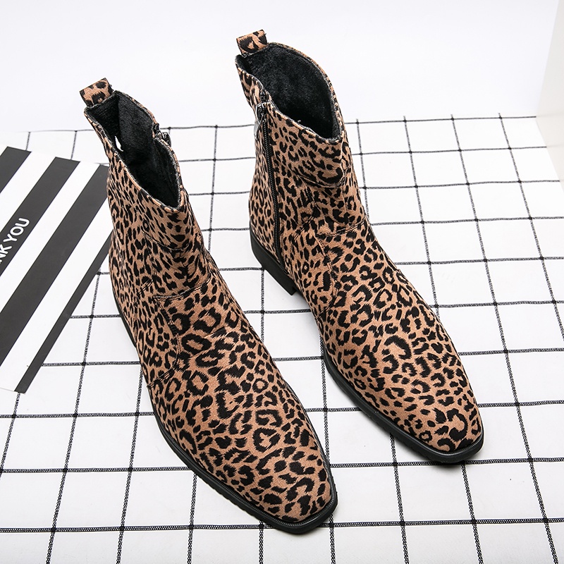 Men Leopard Boots Wedding Casual zipper Ankle Vintage Retro Party ...