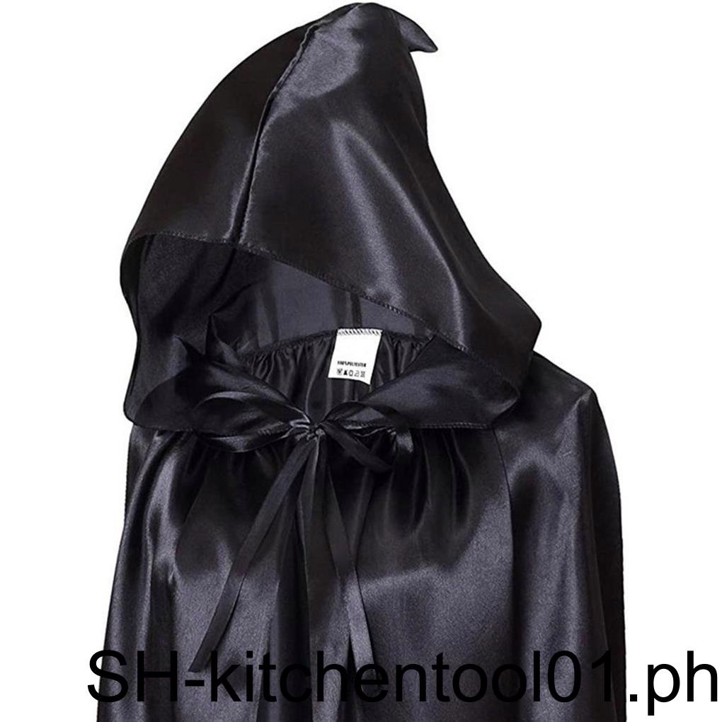Black Hooded Cloak Cape Reaper Witch Wizard Cosplay Halloween Costume ...