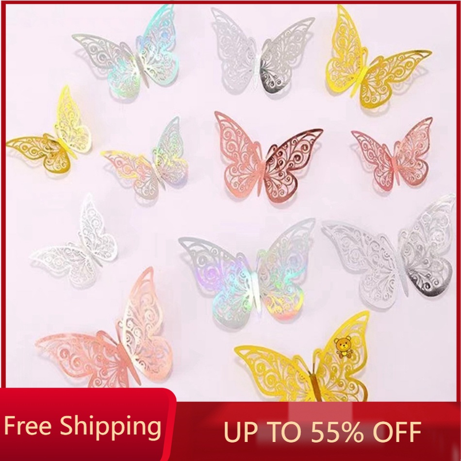12PCs/set Cutout Butterfly Wall Sticker 3D Decal Hollow Butterflies for ...