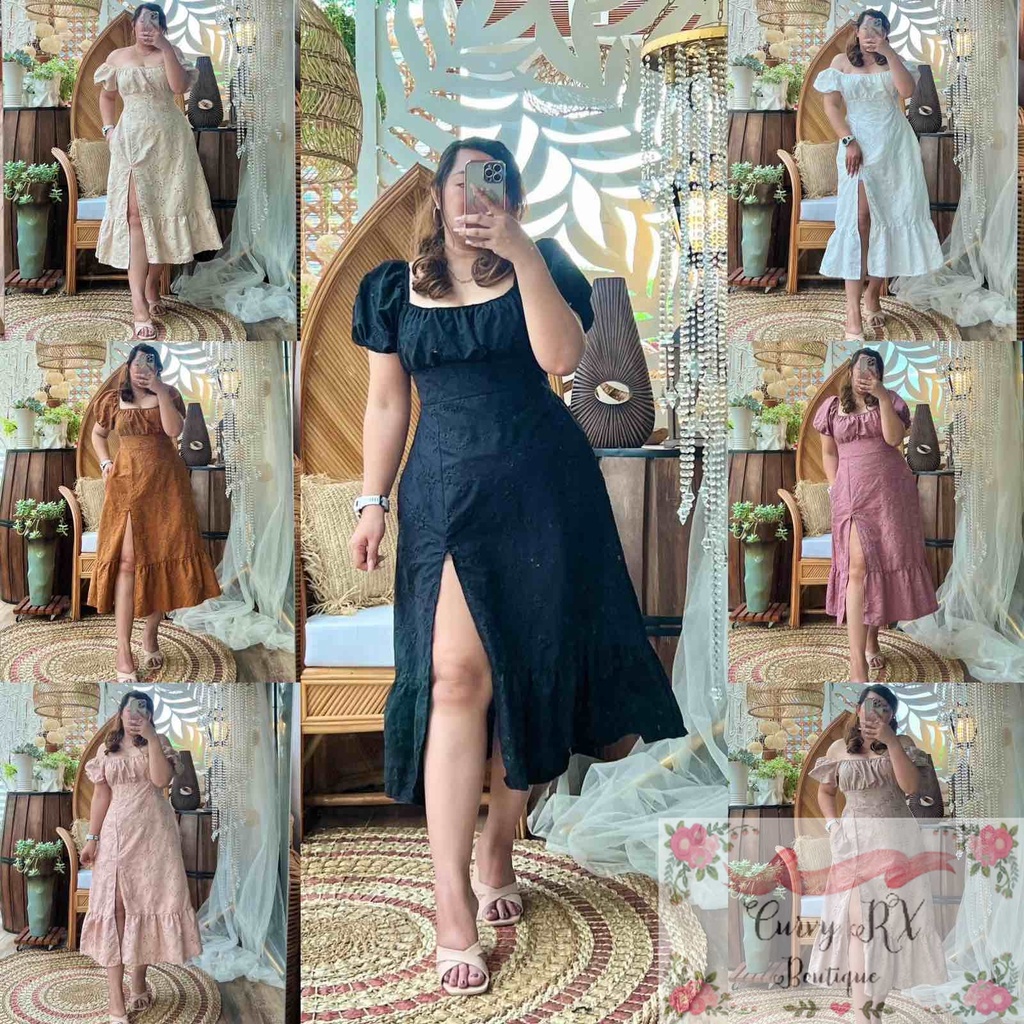 Plus Size Eyelet Fabric Puff Sleeves 2 Way Off Shoulder Garterized Back ...