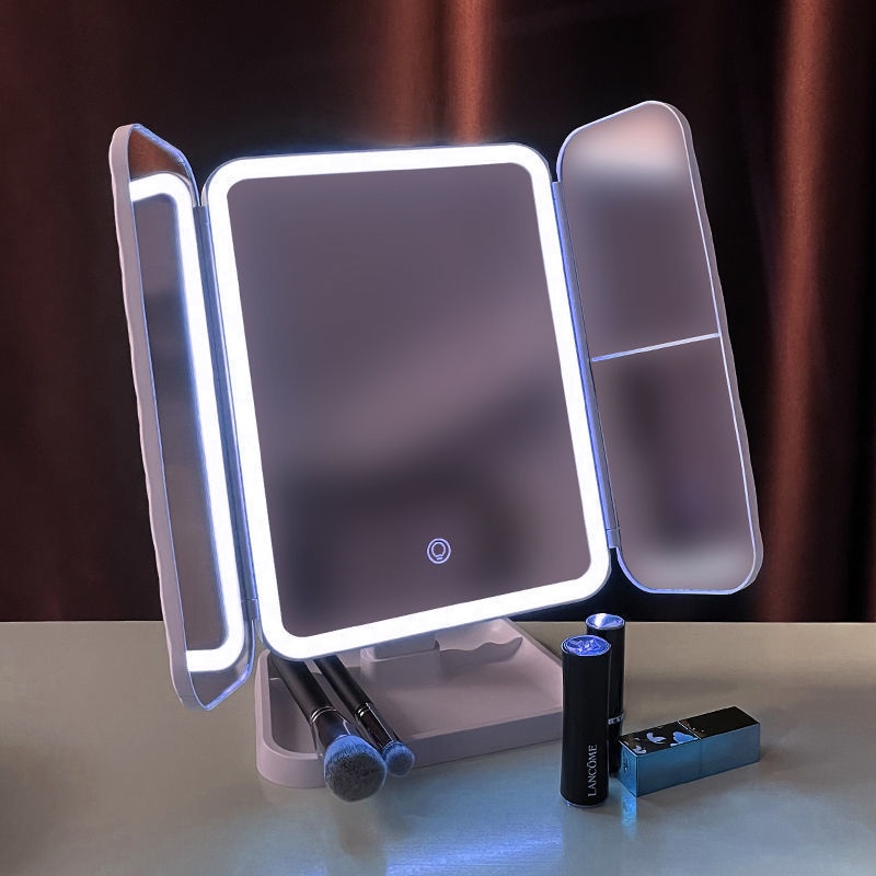 Three-Color Folding Makeup Mirror Desktop LED Light Shell Mirror with ...