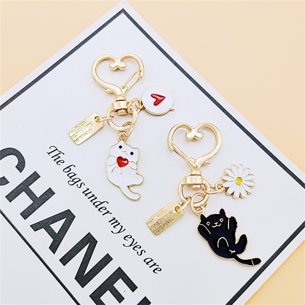 Cute Love Heart Kitten Keychain Cartoon Black White Cat Key Ring for Girls Bag Car Ornaments ...