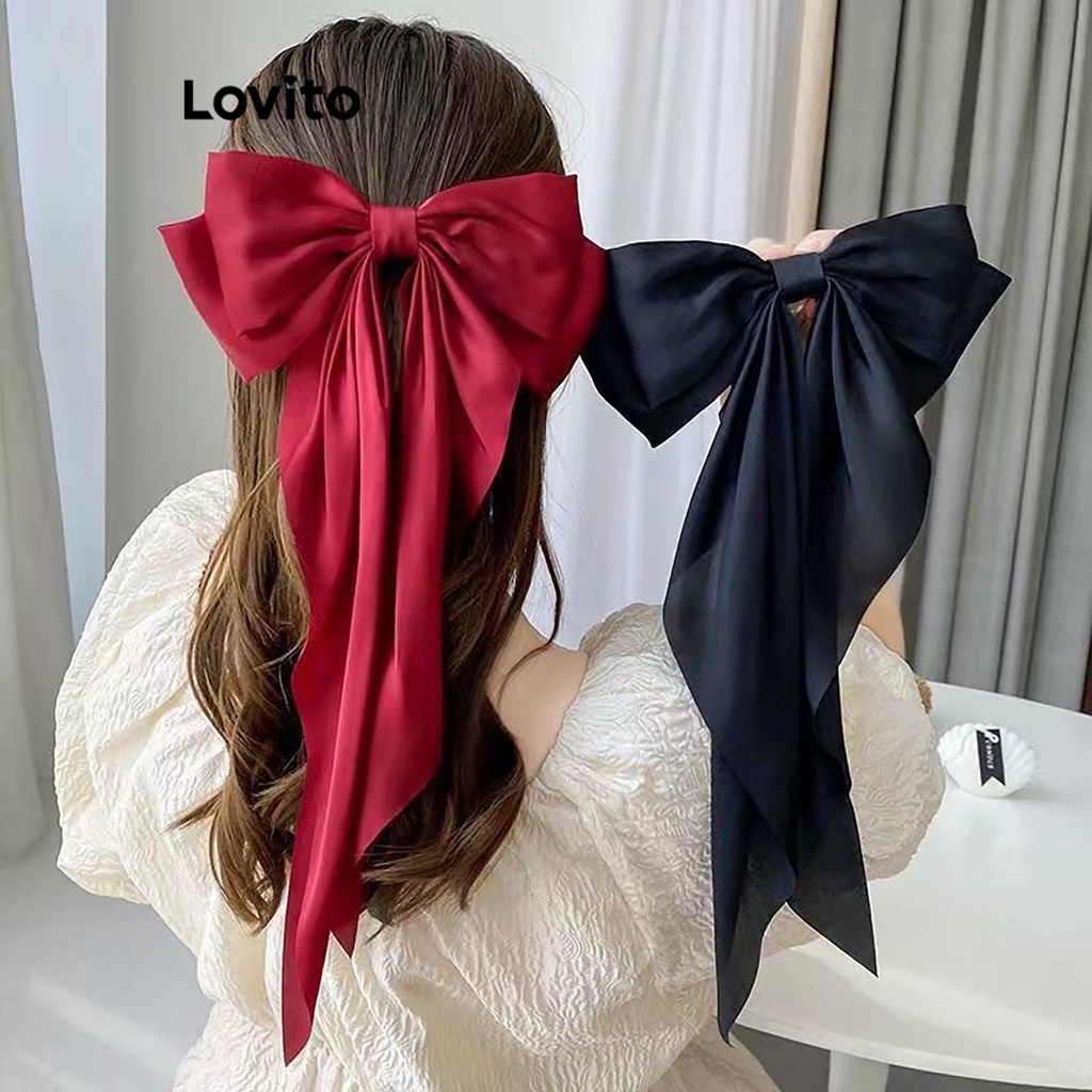 Lovito Women Casual Plain Bow Spring Clip Retro Ribbon Hair Clips ...