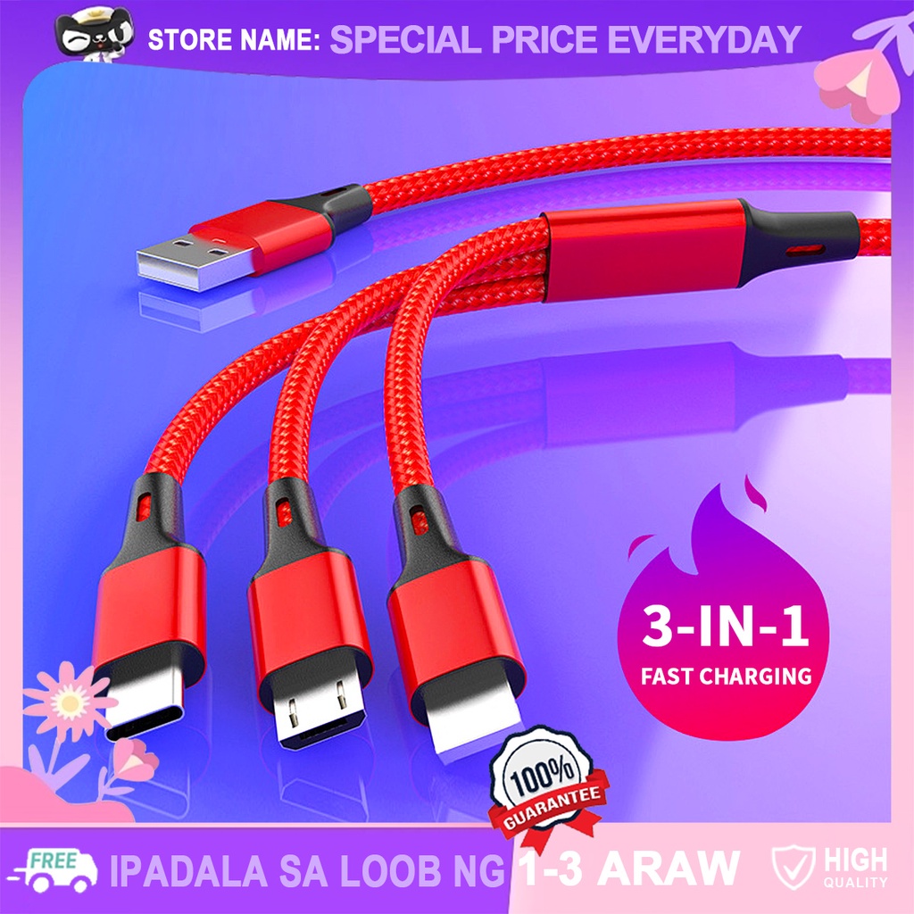 3 In 1 USB Charger Cable Fast Charge Cord 1.2 Meters Nylon Charging ...