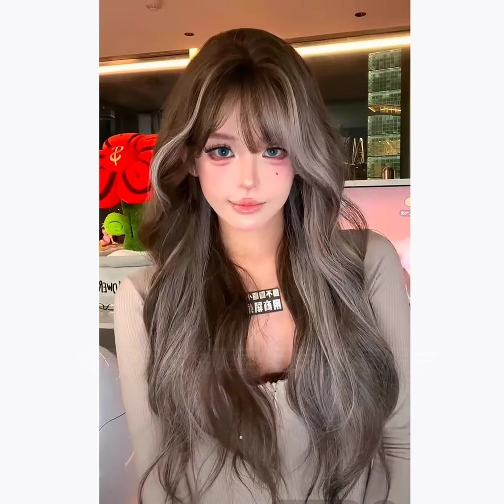 Small Round [Kuira] New Style Coffee Brown Highlight Milk Gray Wave Roll Qi Bangs Long Roll ...