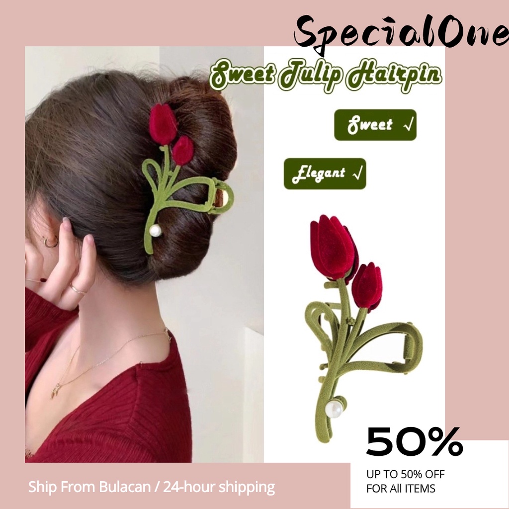 Korean Vintage Red Velvet Tulip Hairpin Flocking Tulip Hair Clip ...