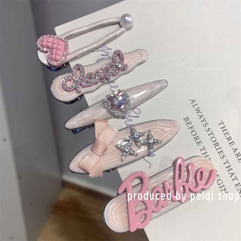 Pink Girl Barbie Letter Drip Rhinestone Hairpin Love Heart Bow Tie ...
