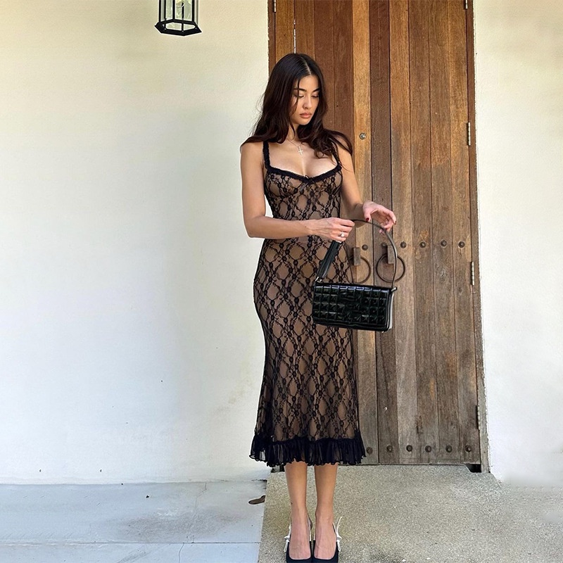 Ins Womens Clothing 2024 Sexy V Neck Low Cut Temperament Lace Mesh