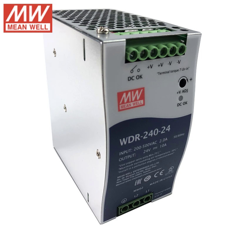 MEAN WELL WDR-240-24 240W 24V Wide Input Industrial DIN Rail Power Supply 180-550V AC to 24V DC ...