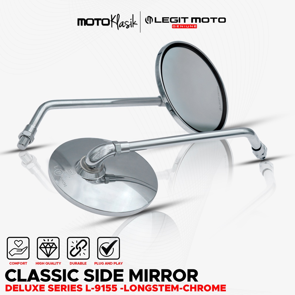 LEGITMOTO GENUINE DELUXE CLASSIC LONG STEM ROUND SIDE MIRROR CHROME NON ...