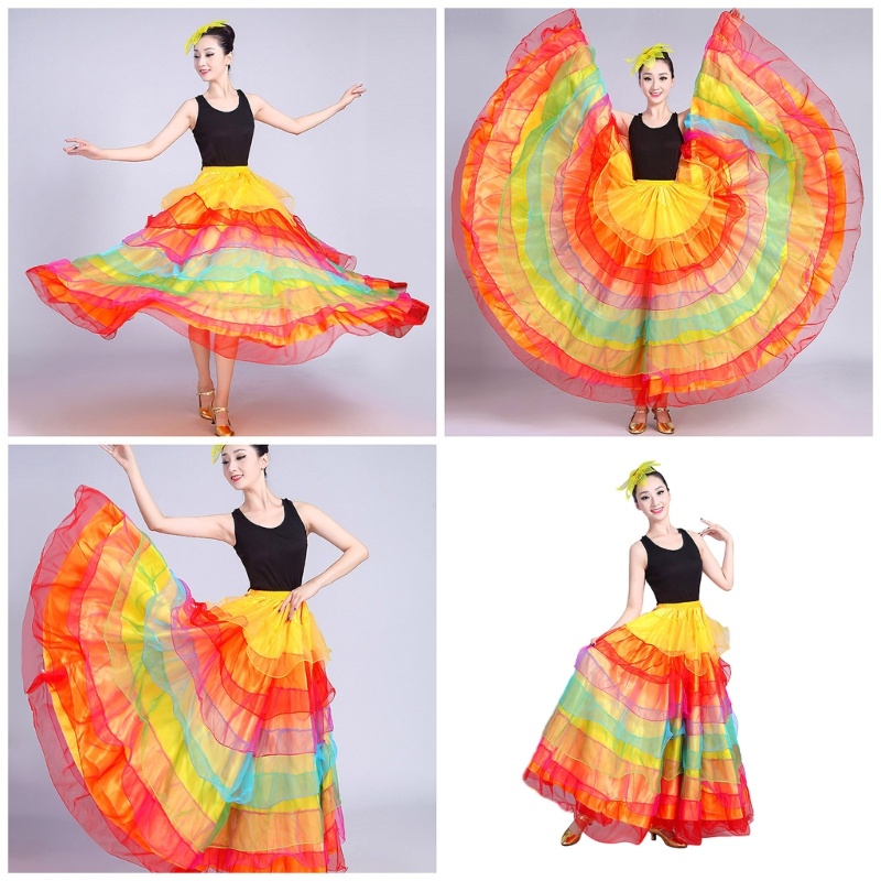 Womens Layered Long Skirt Spanish Bull Dance Skirt Belly Dance Skirt ...
