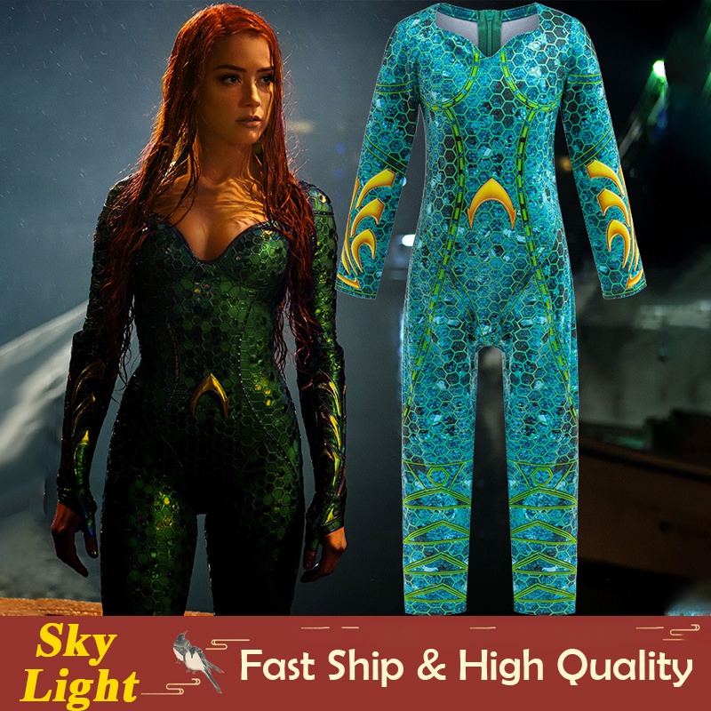 Aquaman Queen Mera Cosplay Costume Zentai Suit Green Jumpsuit For Kids ...