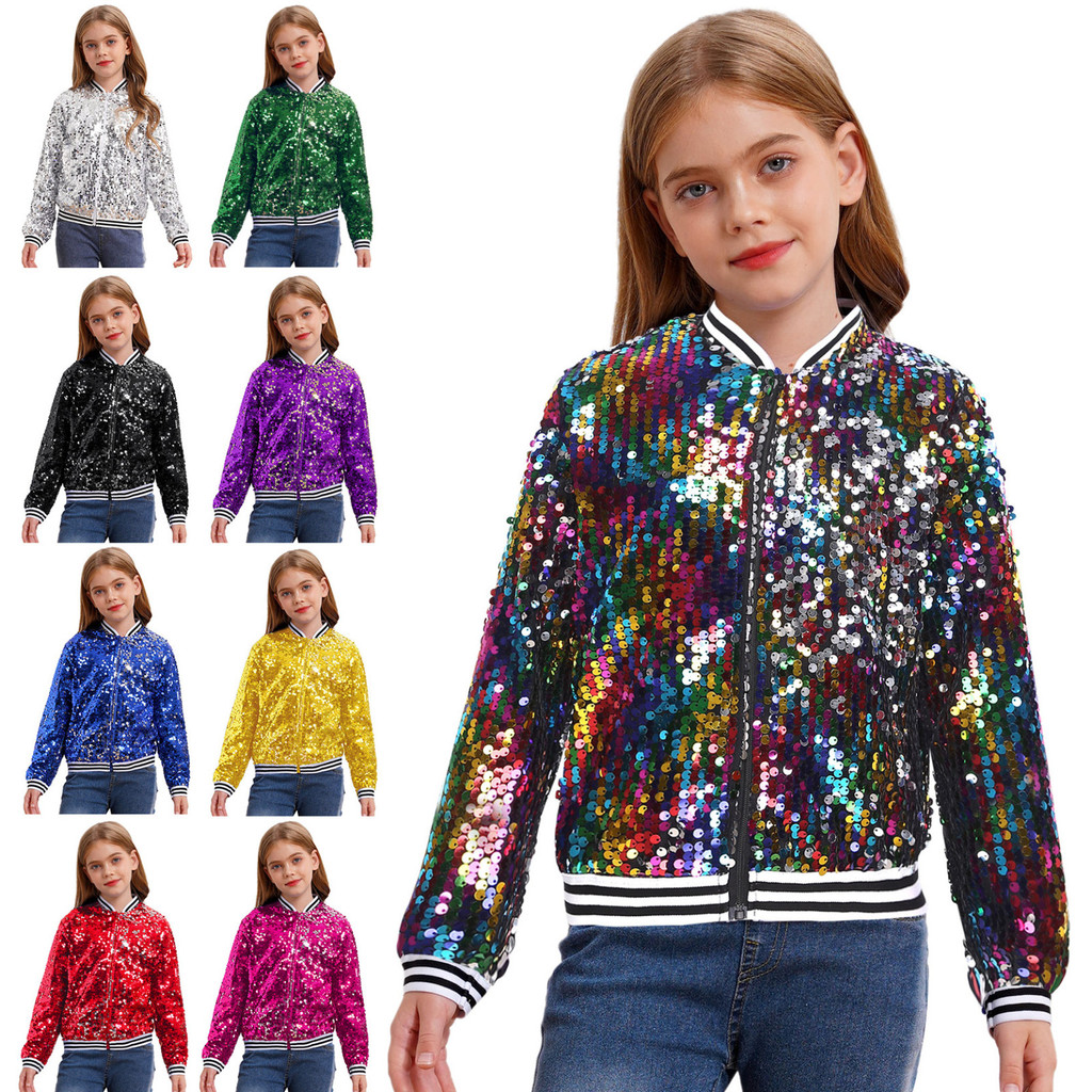 Kids Girls Shiny Sequin Baseball Jackets Coat Long Sleeve Zip Up ...