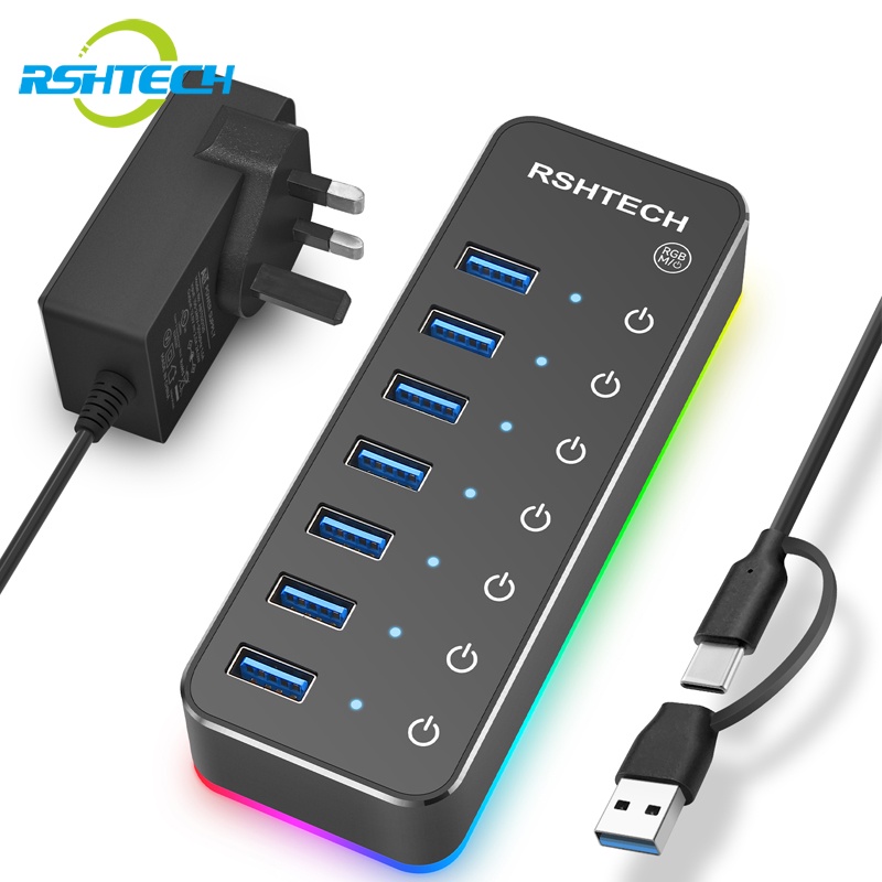RSHTECH 518R Powered USB Hub RGB 7 Ports USB 3.0/USB C Hub with 14 Mode ...