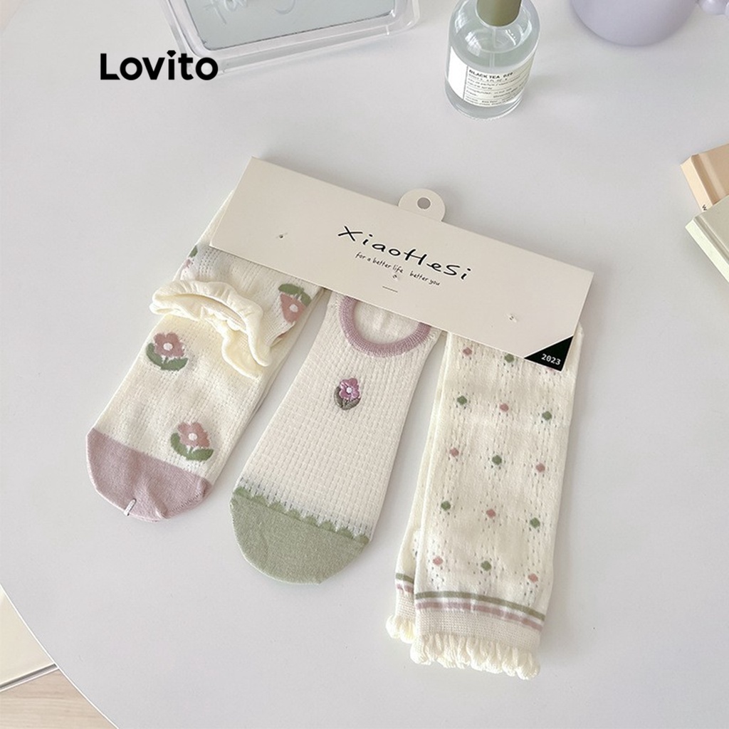 Lovito Cute Floral 3 Pairs Colorblock Socks for Women LNA15017 (Multi ...