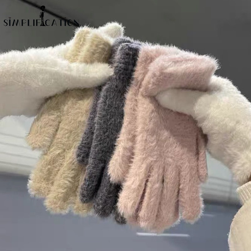 1 Pair Winter Warm Plush Gloves Women Men Solid Color Imitation Mink ...