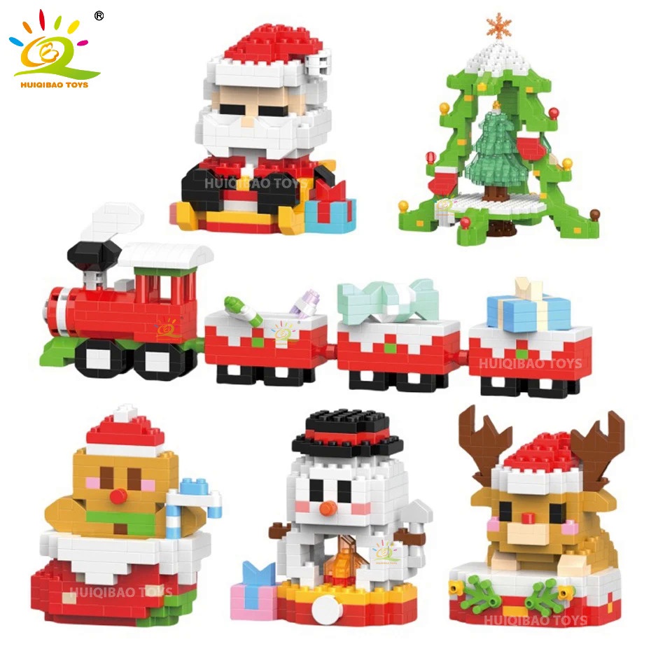 HUIQIBAO Christmas Tree Train Santa Claus Model Micro Building Blocks ...