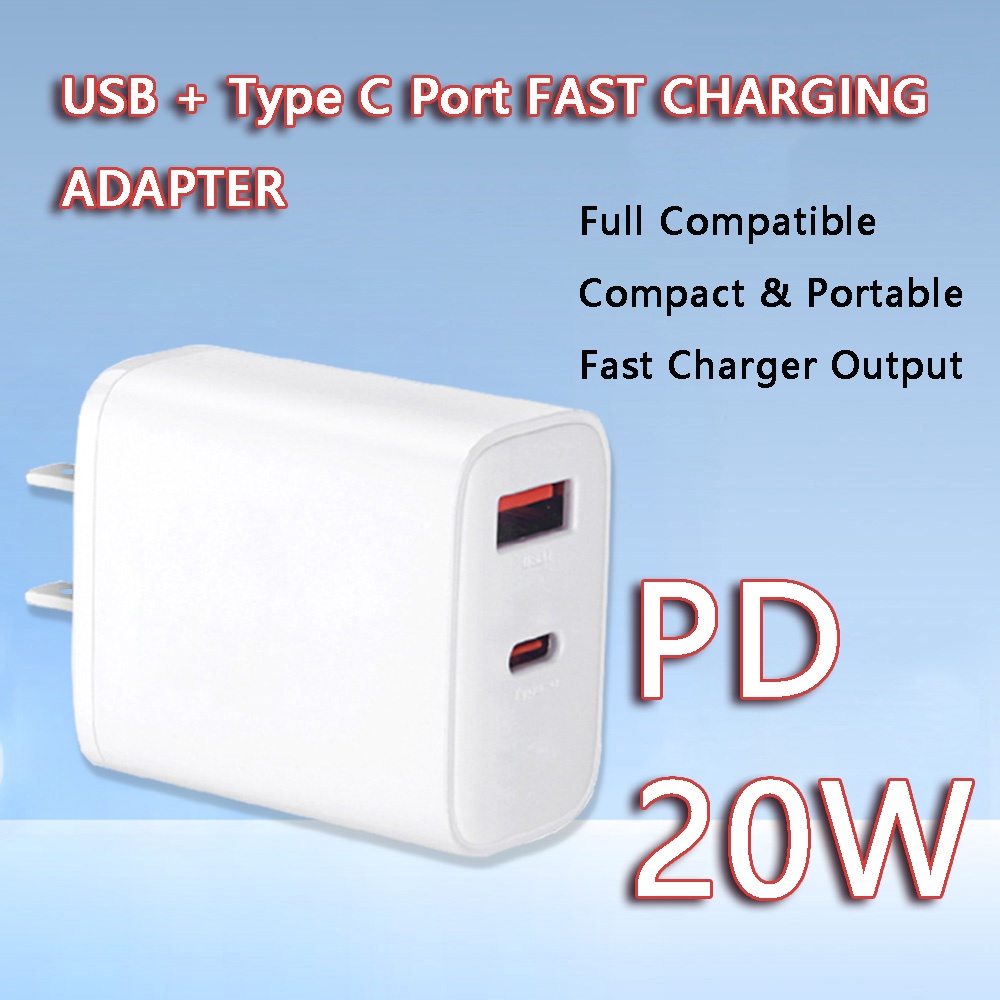 PD 20W Dual Port Power Adapter Fast Charge Type-C USB Wall Charger ...