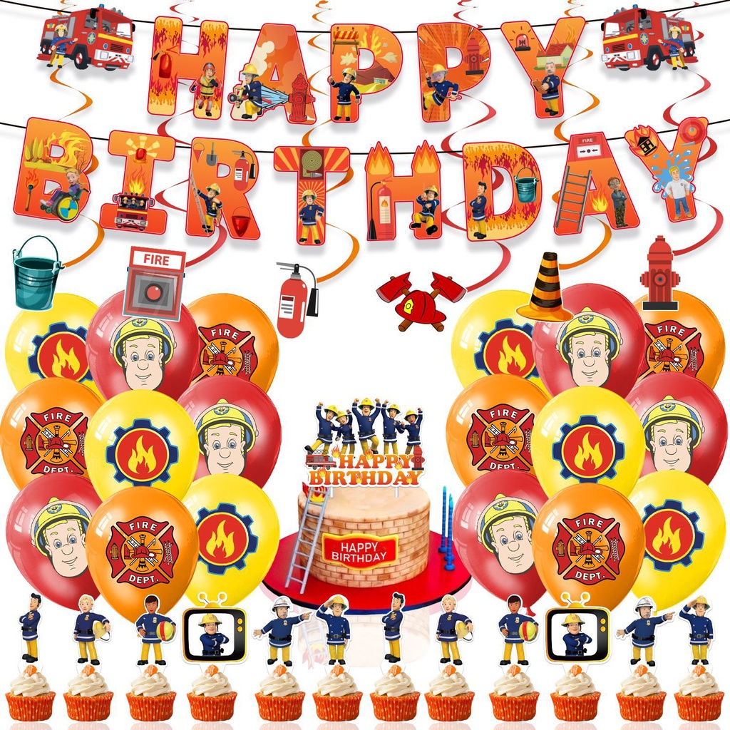 YP Fireman Sam Happy Birthday Banner Decoration Set Cake Topper Latex ...