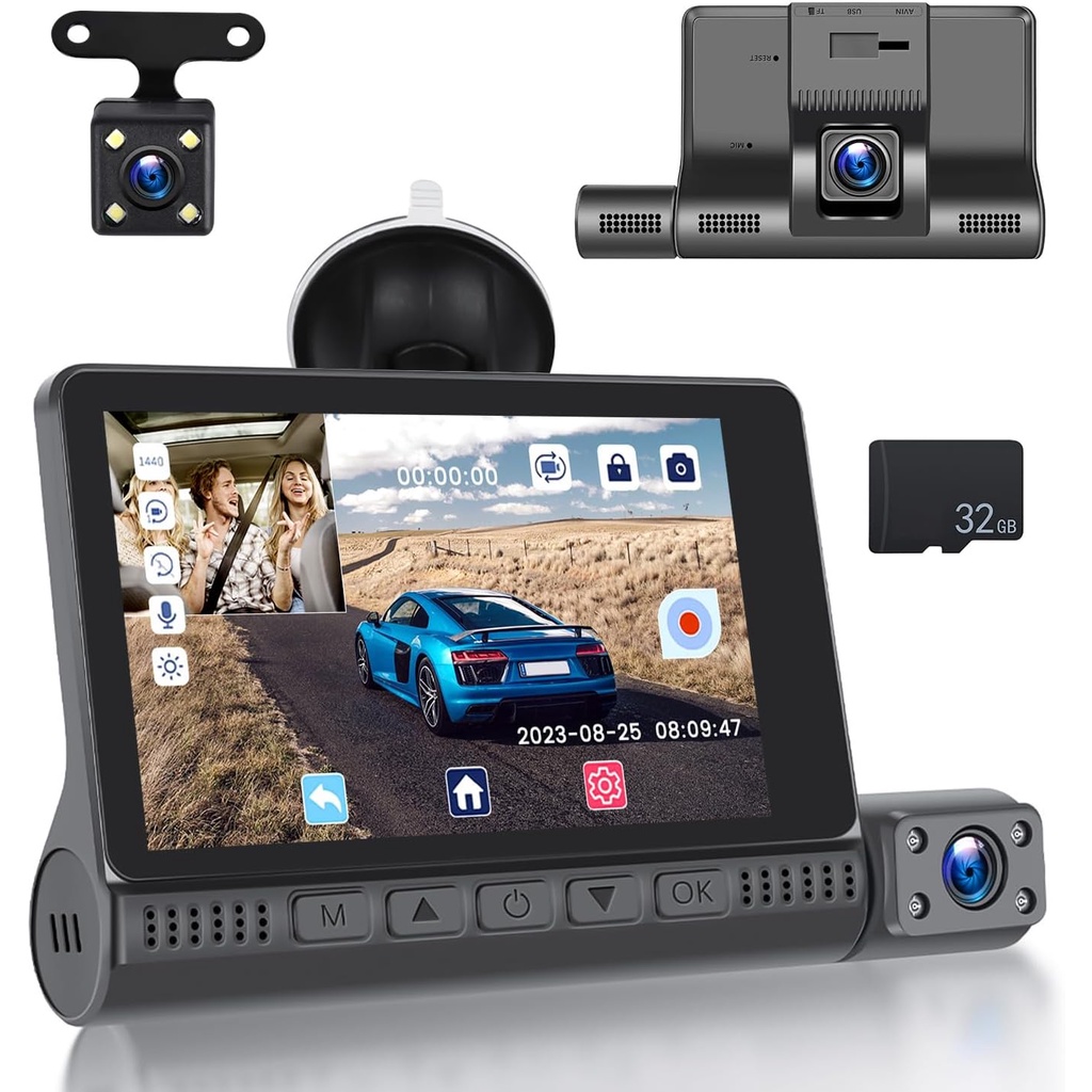 3 Channel Dash Cam Front Rear and Inside 4" 1080P Touch Screen DVR ...