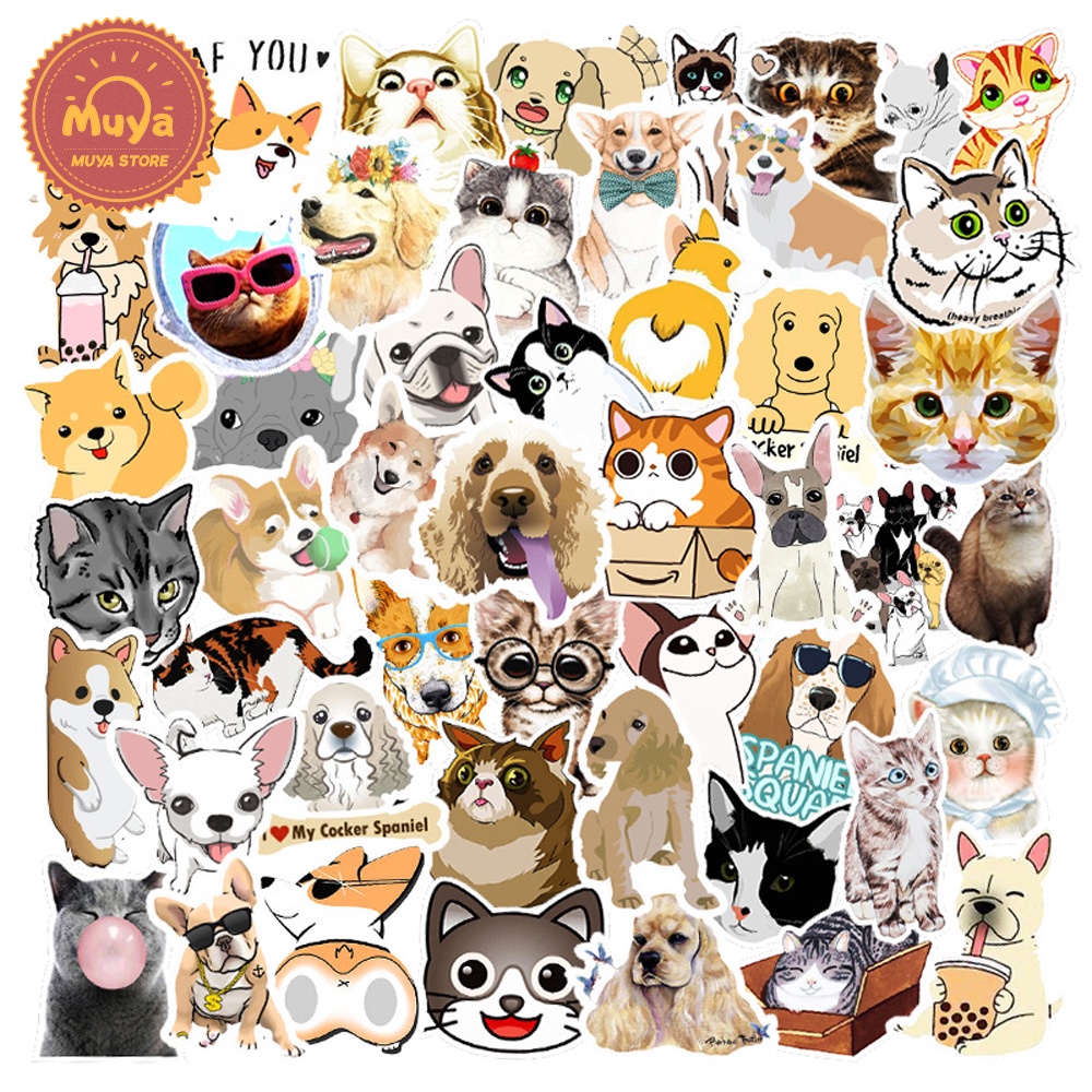 MUYA 100pcs Cute Cat and Dog Stickers Animal Stickers Waterproof ...