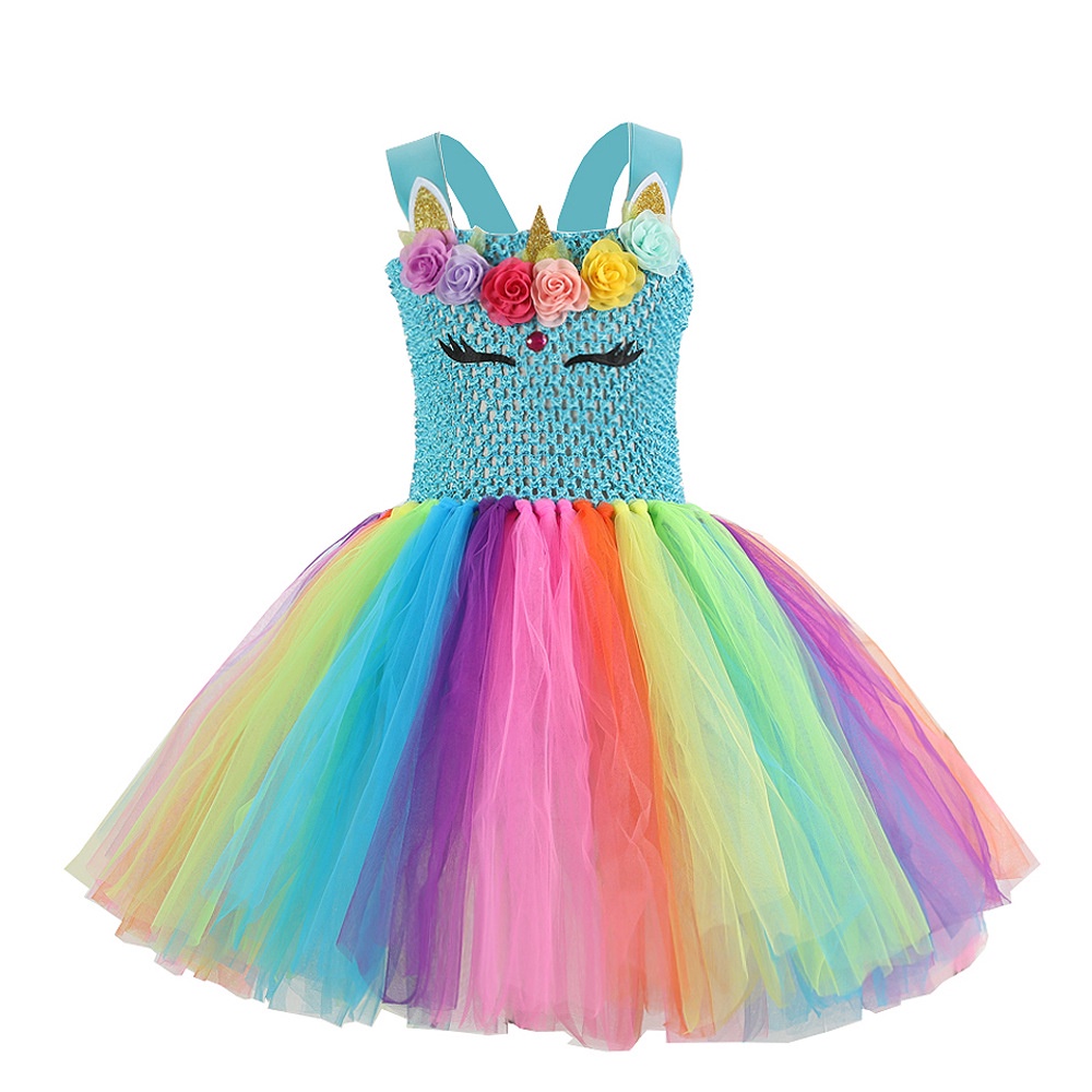 Net gauze girls' dress one-horned flower dress tiara party performance ...
