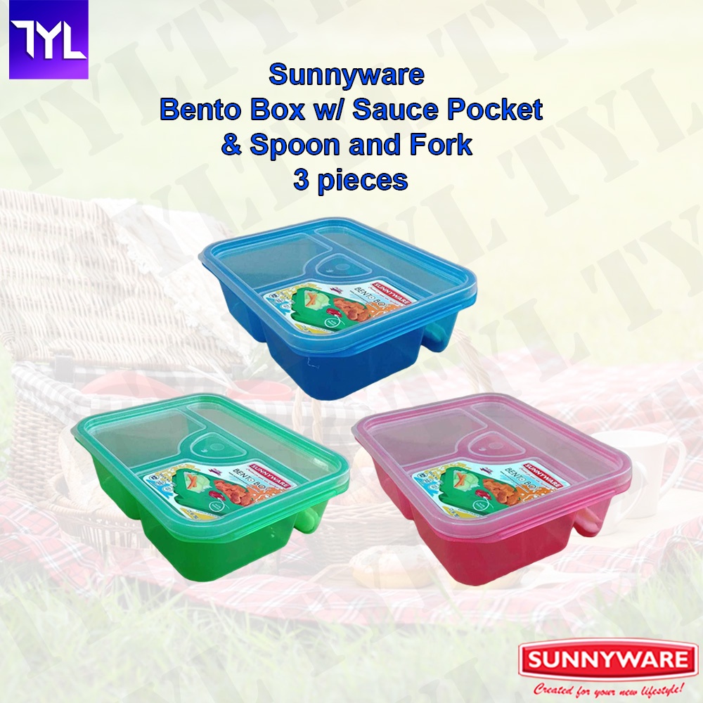 Sunnyware Bento Box w/ Sauce Pocket & Spoon and Fork 3 pieces Lunch Box ...