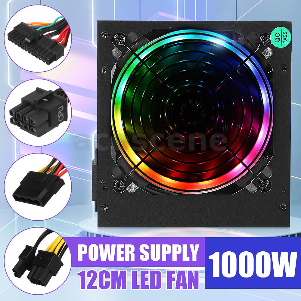 1000W Adjustable Power Supply 80 Plus Computer RGB LED Fan PSU PFC ...