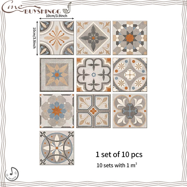 BS 10Pcs Self-Adhesive Wall Tile Decals Removable Waterproof Backsplash ...