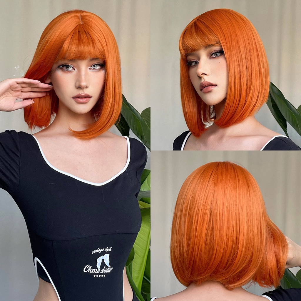 35cm Orange Short Straight Wig with Bangs Smooth Synthetic High ...