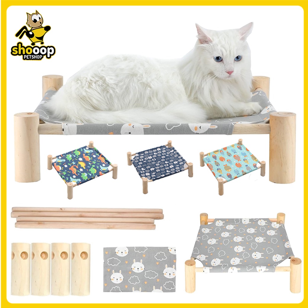 Wooden Elevated Pet Bed Cat Hammock With Stand Dog Bed Washable Cotton ...