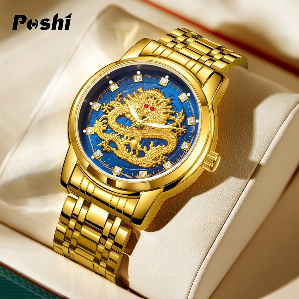 Original POSHI Watch for Men Waterproof Luminous Gold Dragon Man Clock ...