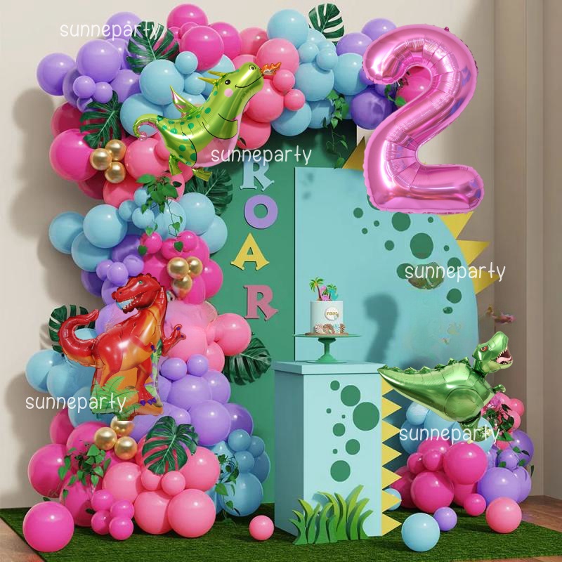Pink Dinosaur Birthday Party Decorations for Girl Three Rex Balloon ...