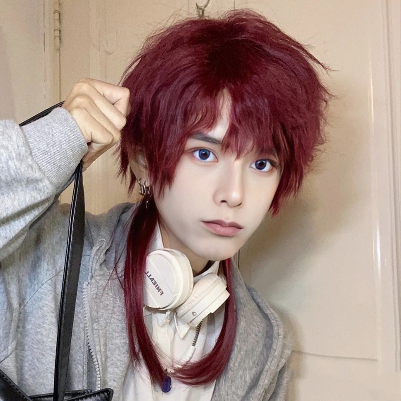 Wig boys red long hair personality trailing mullet head Japanese ...