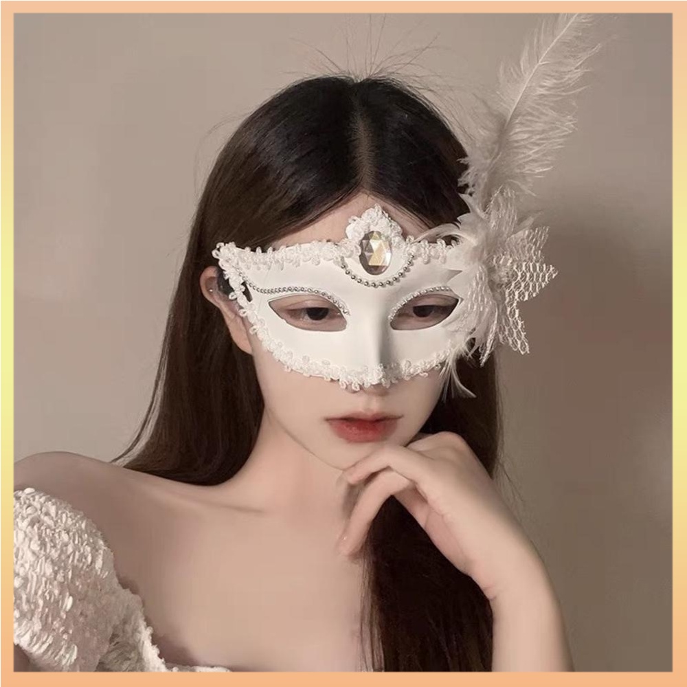 Feather Rhinestones Women Masquerade Mask Lace Flower Fashion Half Face ...