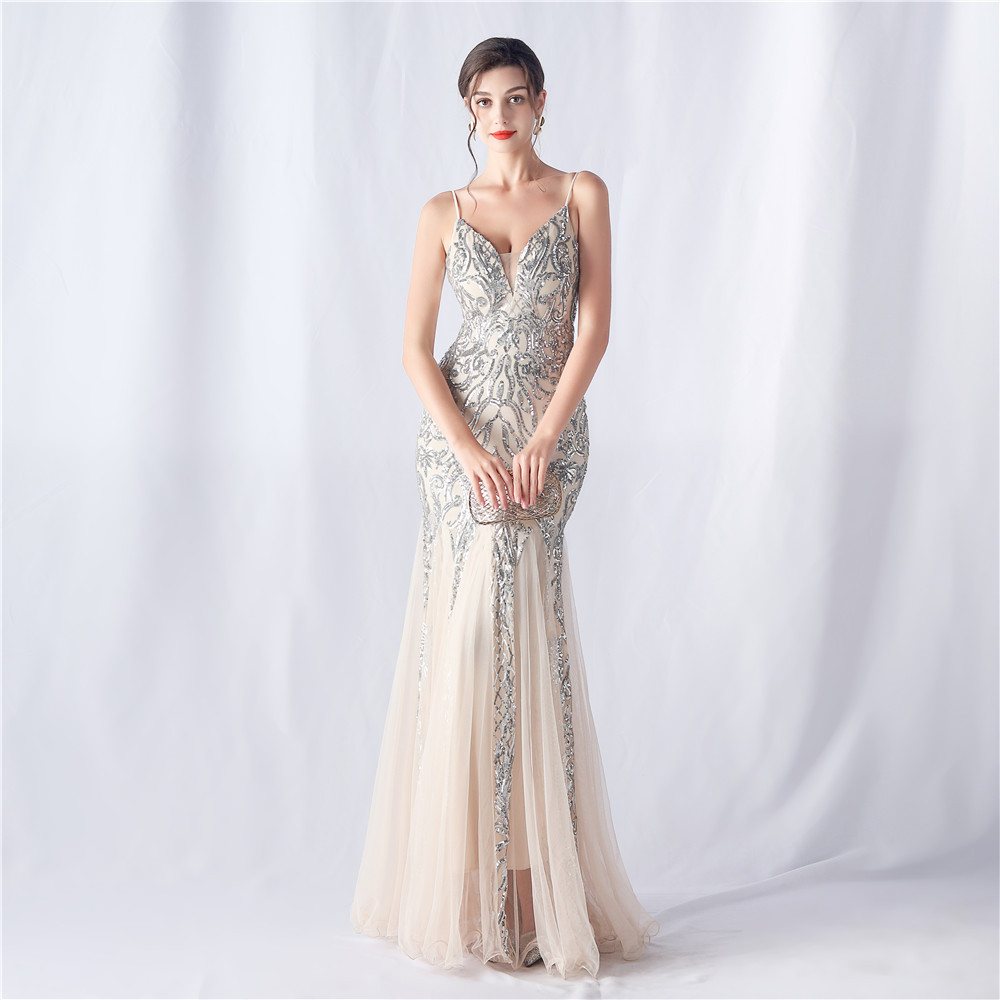 Women Gold Sequin Formal Evening Dress Mesh Ceremony Formal Performance ...