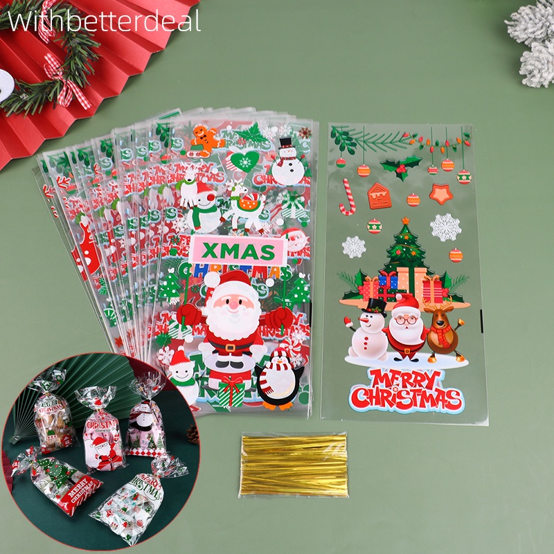 50Pcs Merry Christmas Plastic Candy Bag With Ribbon Gift Packaging ...