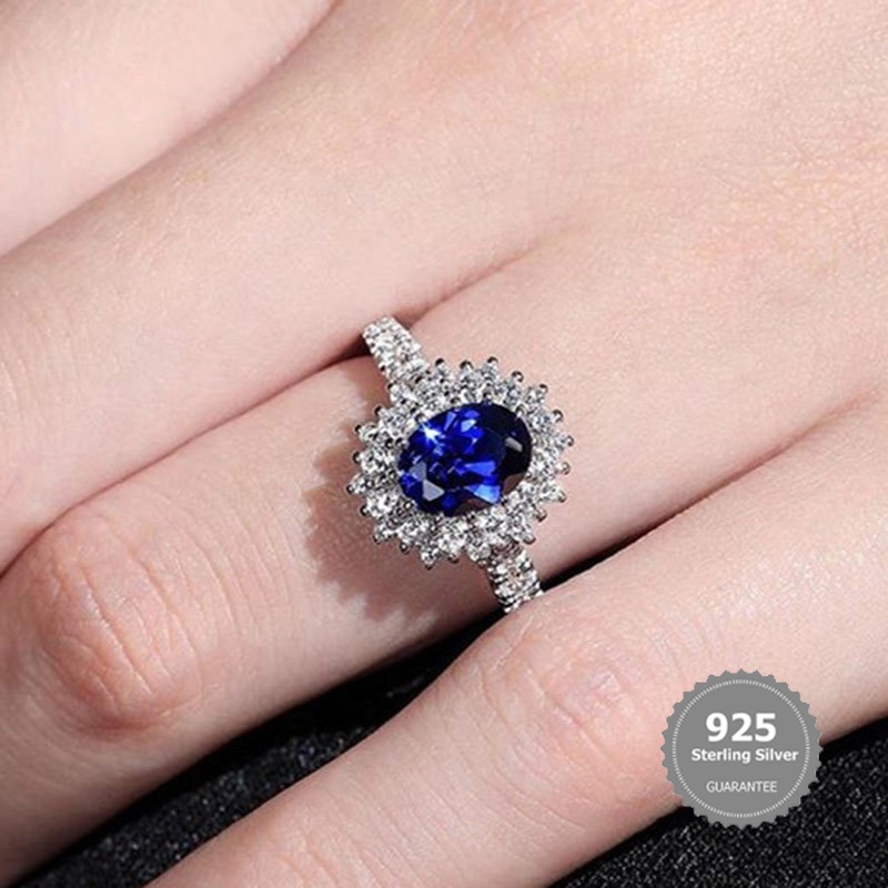 S925 Silver Fashion Engagement Ring High-End Oval Blue Zircon Diamond ...