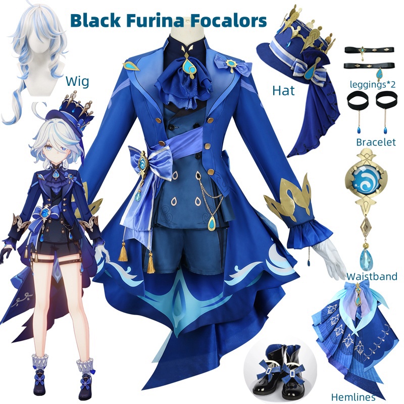 Anime Game Genshin Impact Black Furina Cosplay Focalors Hat Hair Full ...