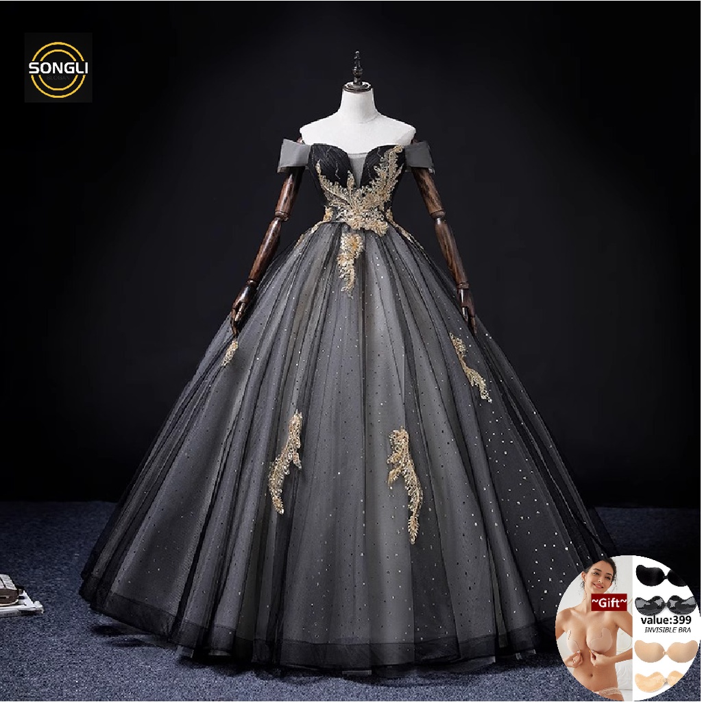 Black gauze off shoulder dress new ball dress long elegant dress debut ...