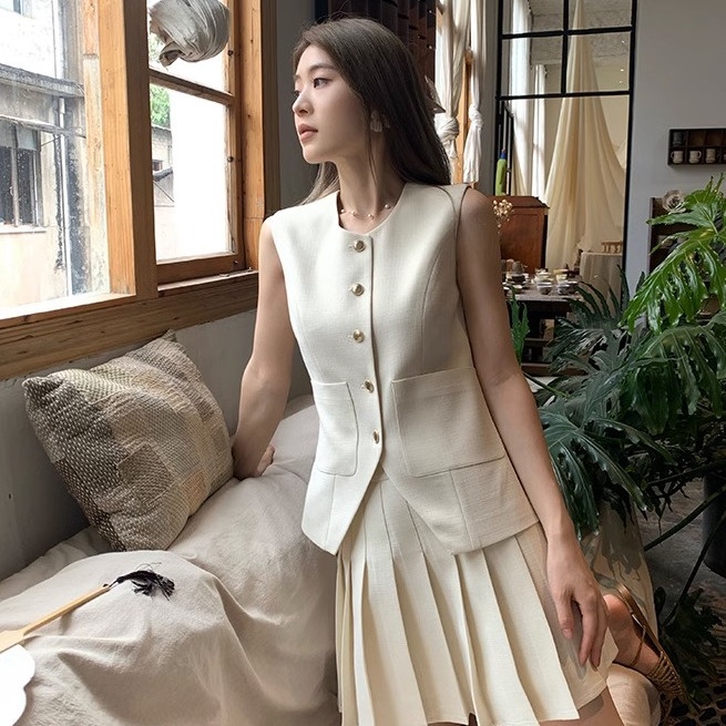 Women's Suit Vest Pleated Skirt Sets OL Sleeveless Blazer Waistcoat with A-line Short Skirt 2 ...