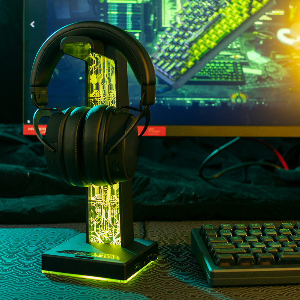 Rain RGB Lights Headphone Stand with Dual USB Ports 3.5mm Audio Jack ...