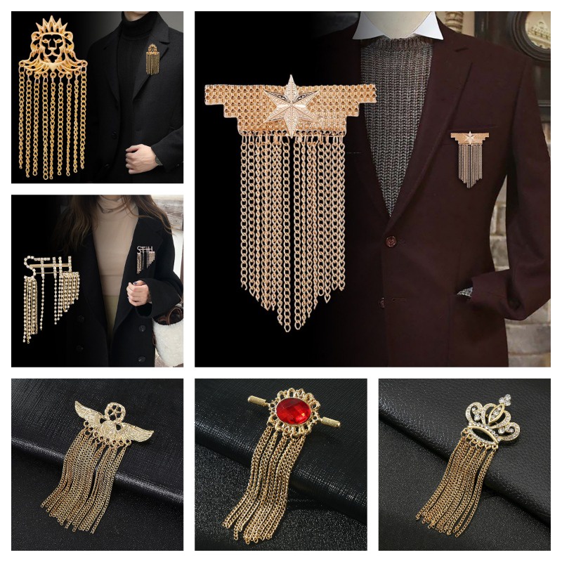 【NF】Personality Men's Brooch Five Pointed Star Tassel Brooch Chain Suit ...