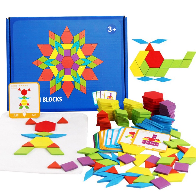 for Kids with 24Pcs Card 155Pcs/Set Wooden Pattern Blocks Geometric Shapes Jigsaw Puzzle Tangram ...