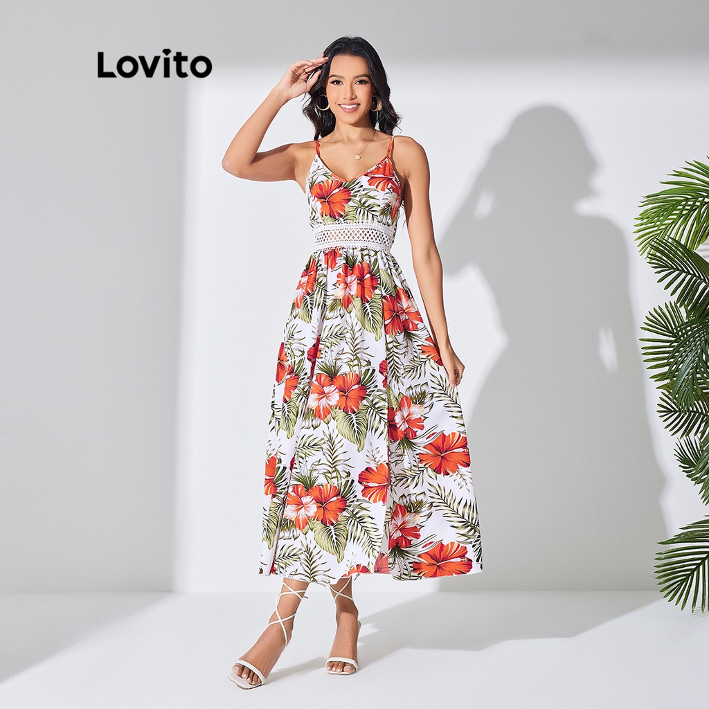 Lovito Women Boho Tropical Lace Split Thigh Dress LBL07186 | Shopee ...